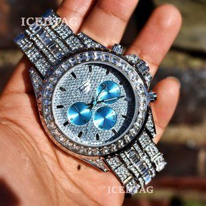 Accessories | Full Iced Out Chronograph Stylish Aqua Face Watch | Poshmark